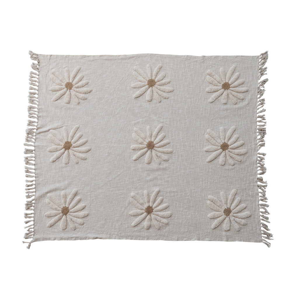 Cotton Slub Throw with Tufted Flowers & Fringe, Natural & Tan Color ...